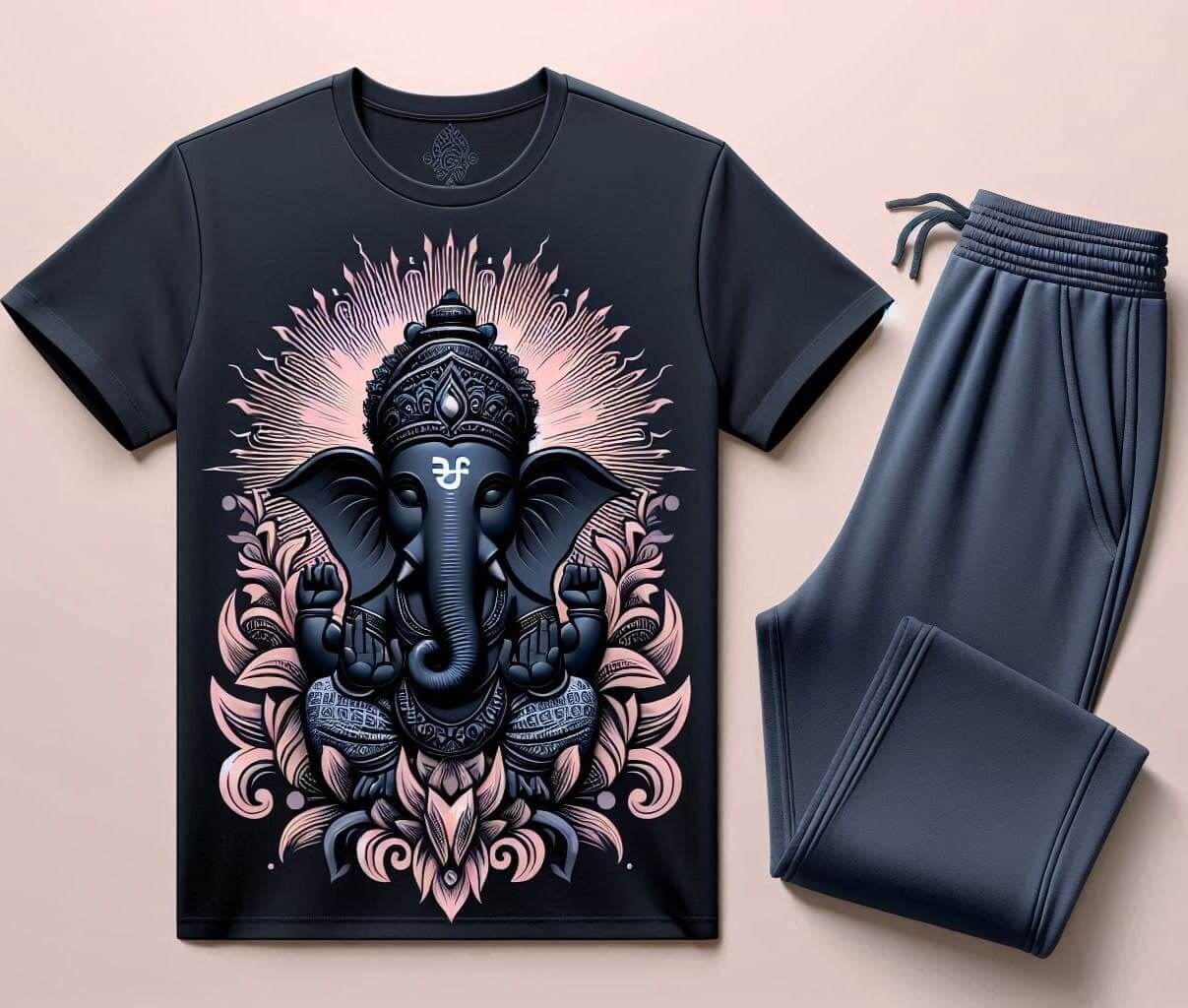 Blessed Ganesha Black Tracksuit Set with Plain Pant – Acquires